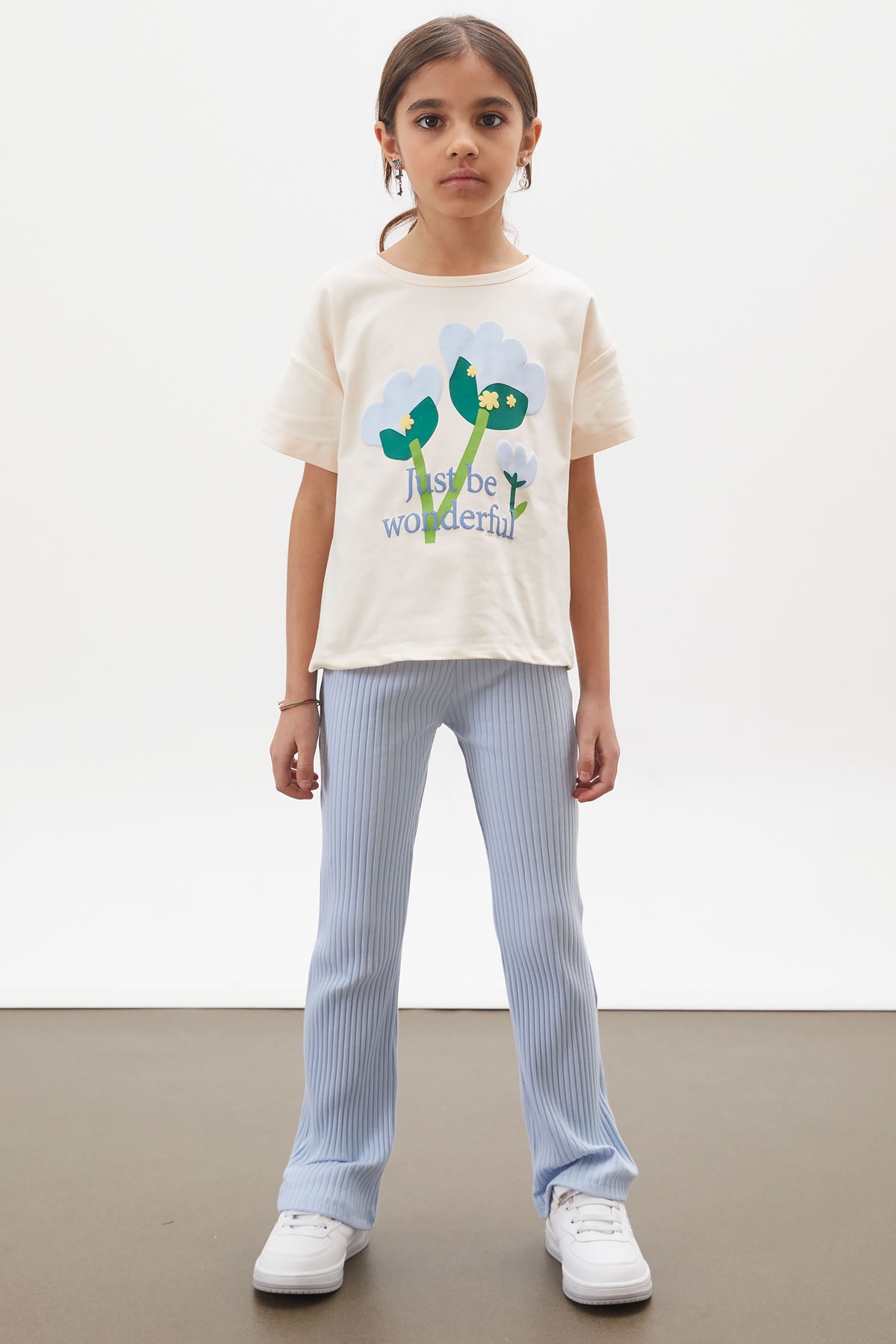 Mavi Lale Baskılı İspanyol Paça Fitilli Taytlı Kız Çocuk Takım