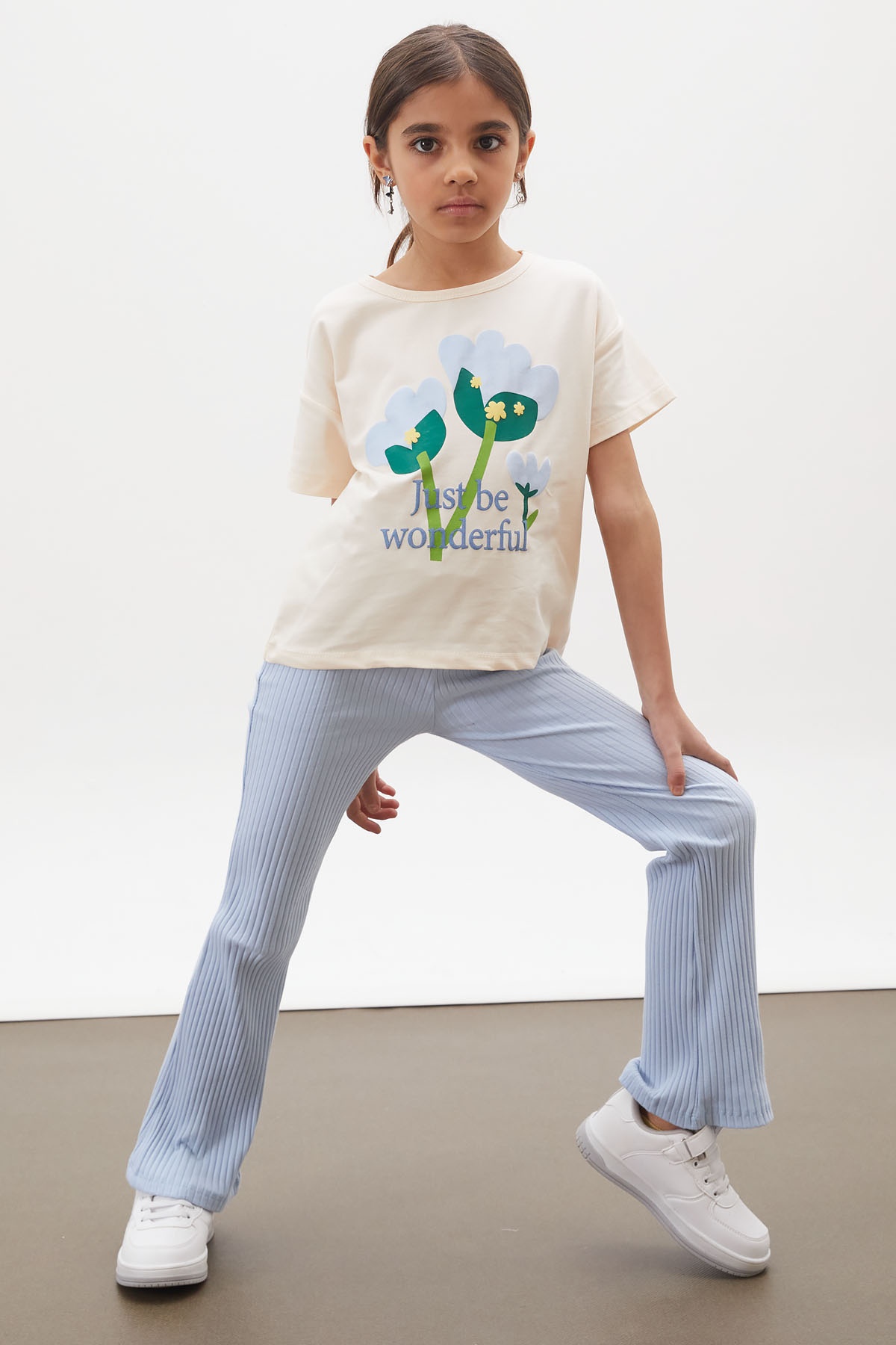 Mavi Lale Baskılı İspanyol Paça Fitilli Taytlı Kız Çocuk Takım