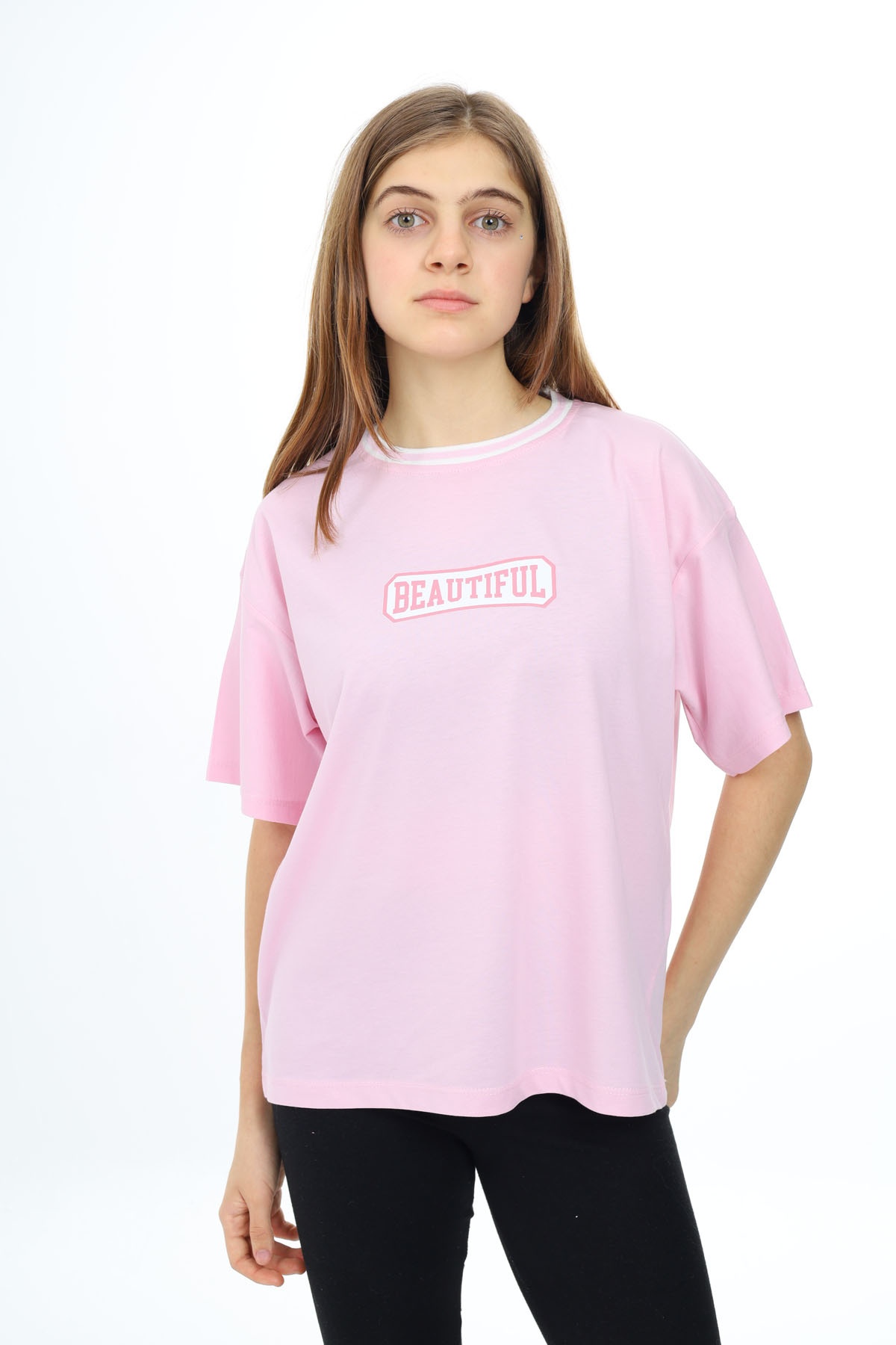 Toz Pembe Beautiful Yazılı Oversize Kız Tişört