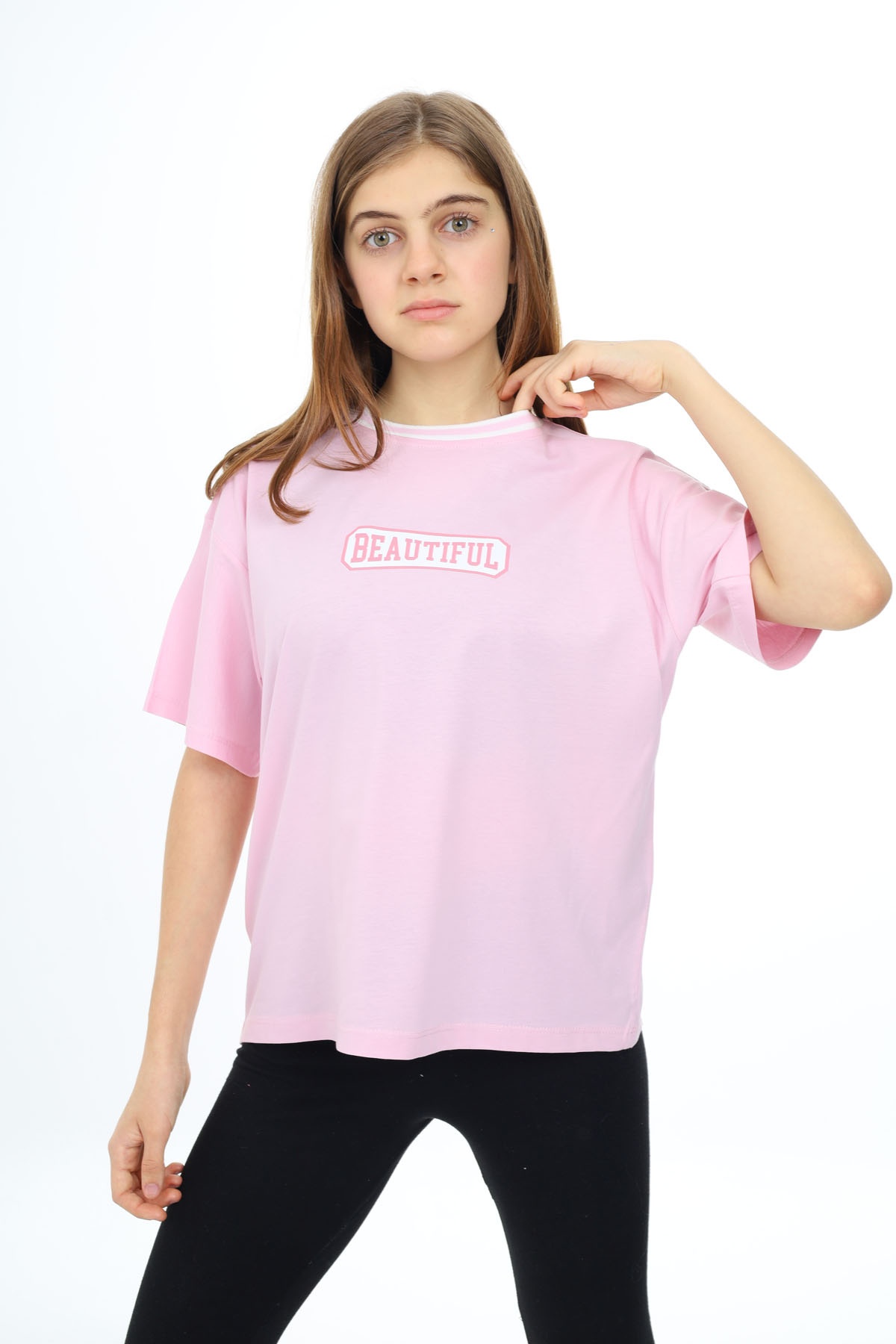 Toz Pembe Beautiful Yazılı Oversize Kız Tişört