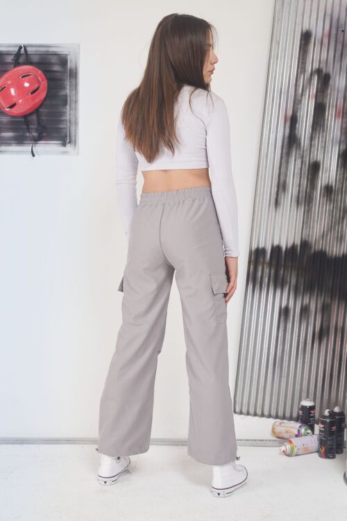 Gri Kargo Cep Lastikli Paça Kız Paraşüt Pantolon