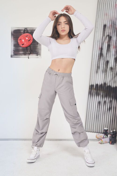 Gri Kargo Cep Lastikli Paça Kız Paraşüt Pantolon